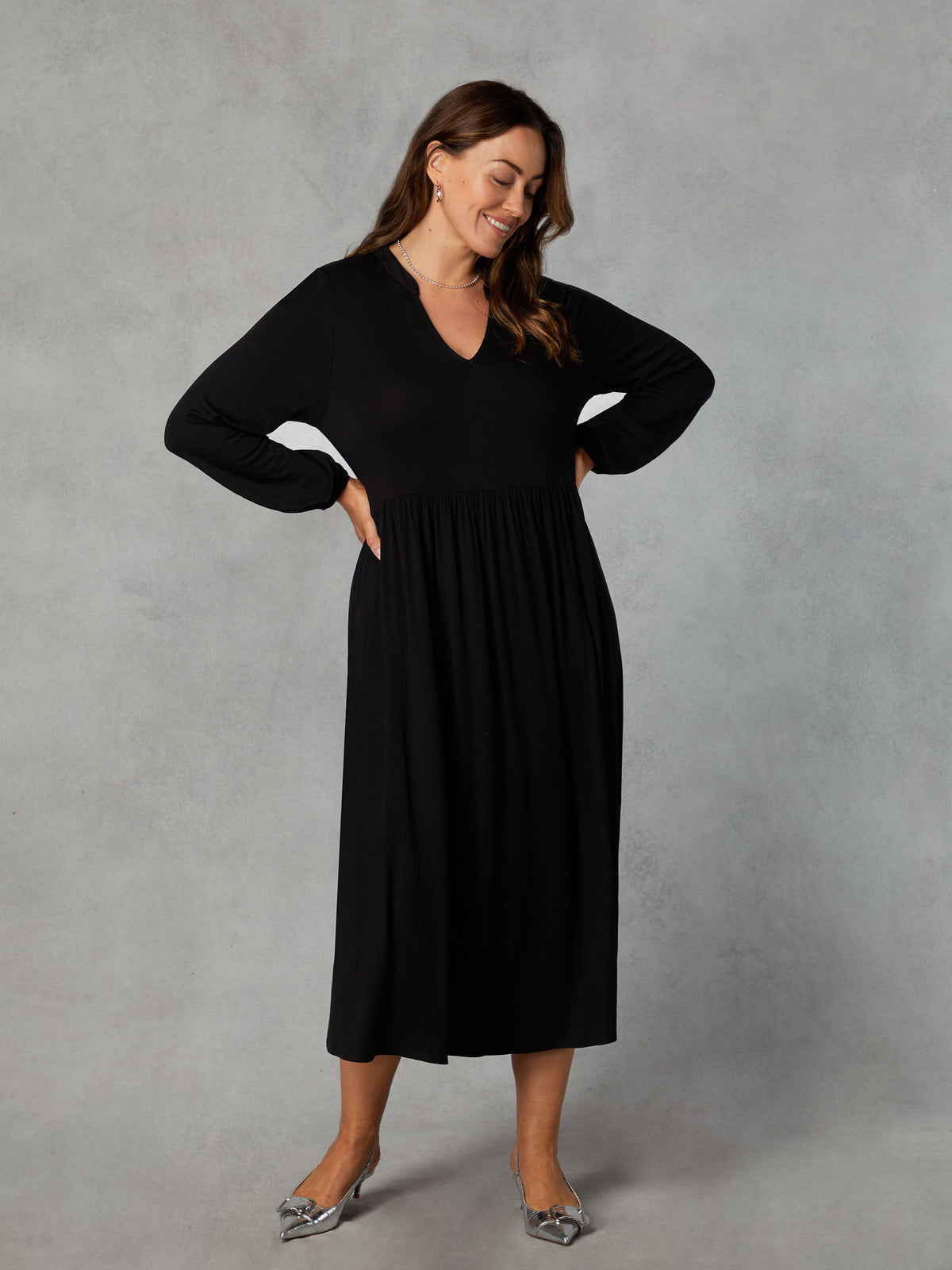 Petite Black Jersey Nehru Collar Relaxed Dress