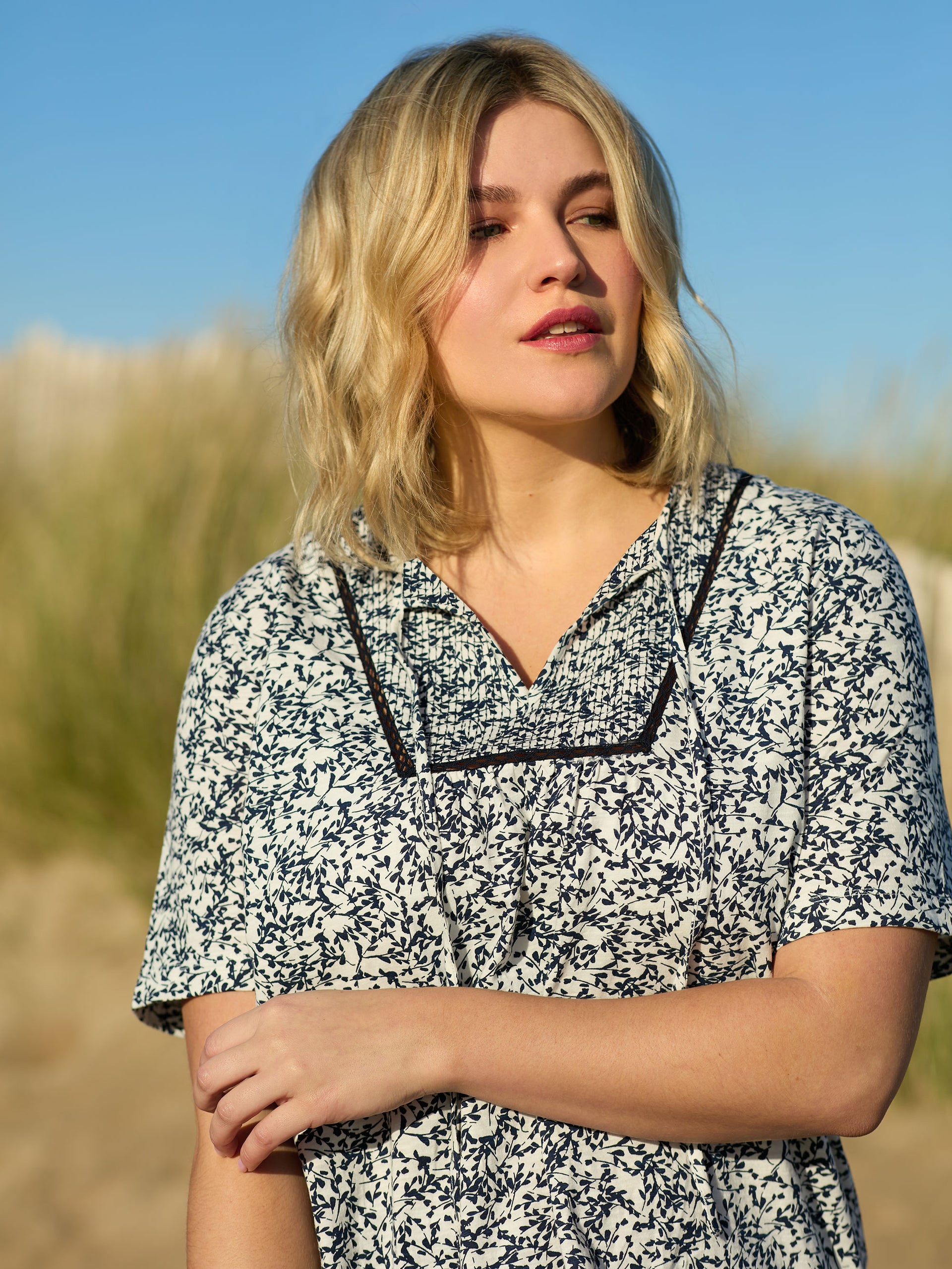 Navy Print Cotton Slub Bib Tunic