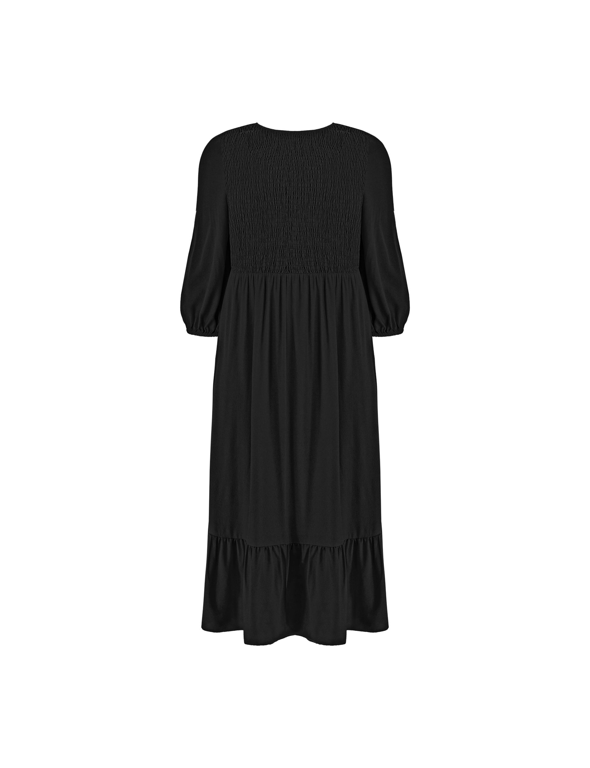 Black Shirred Front Midi Dress