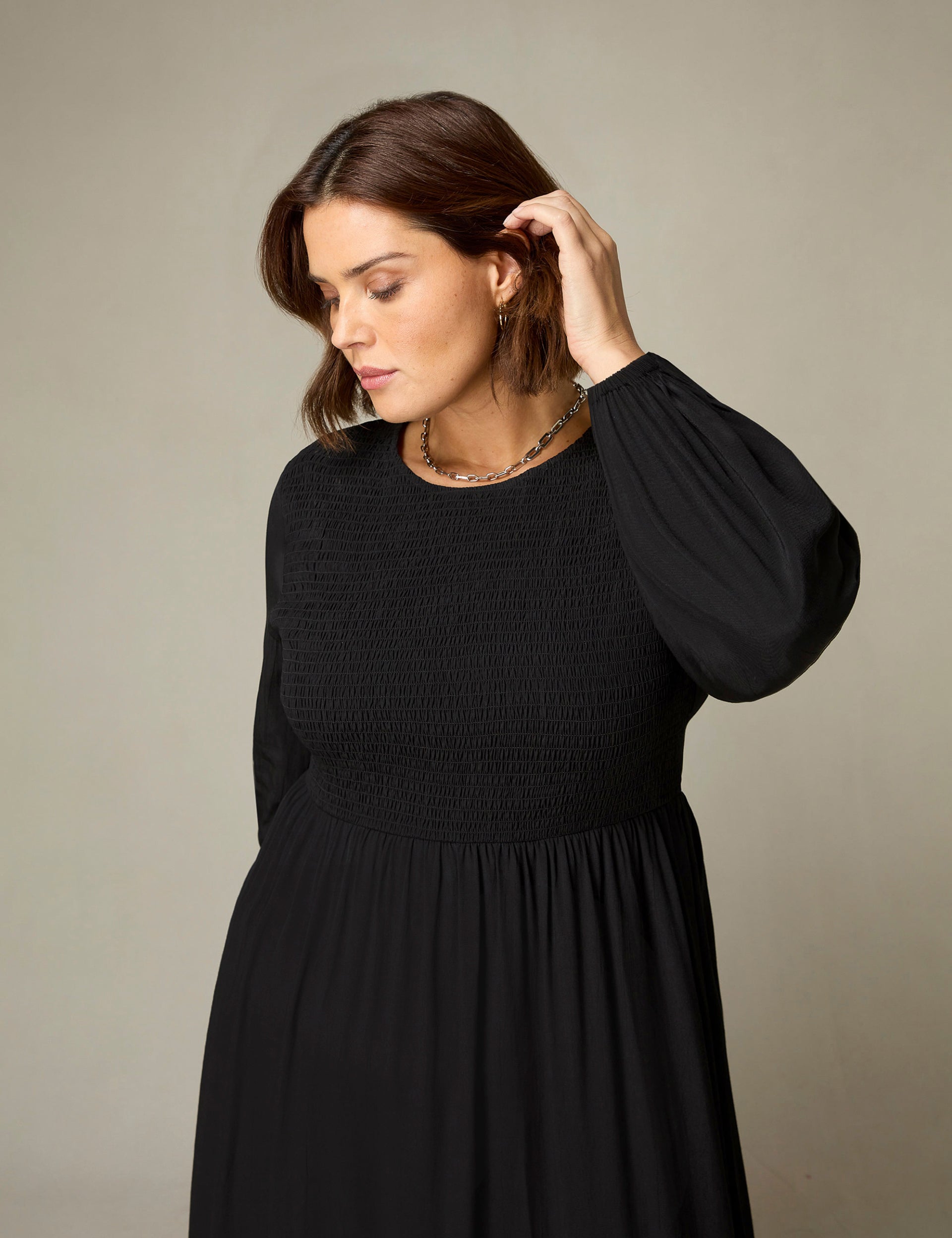 Black Shirred Front Midi Dress