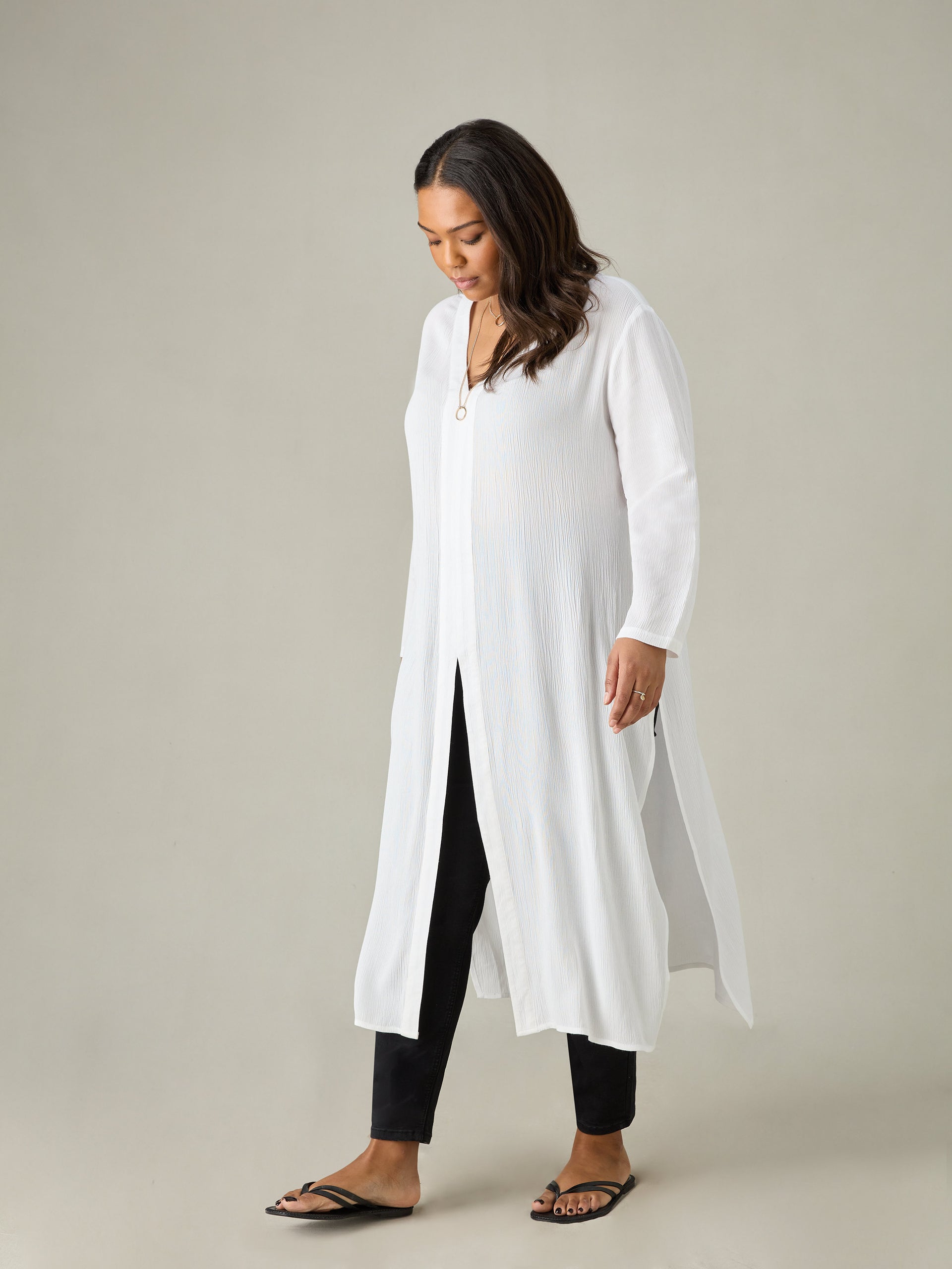 White Crinkle Split Front Longline Tunic
