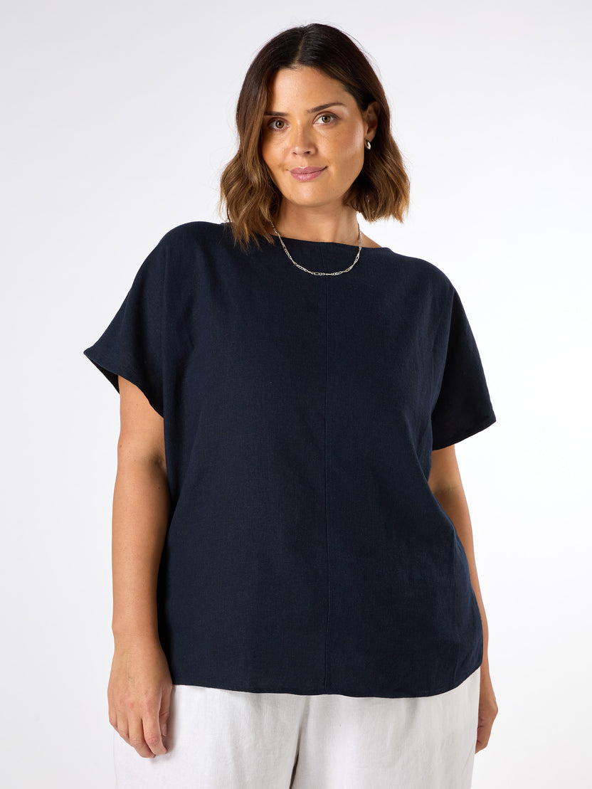 Navy Linen Blend Seamed Detail Top
