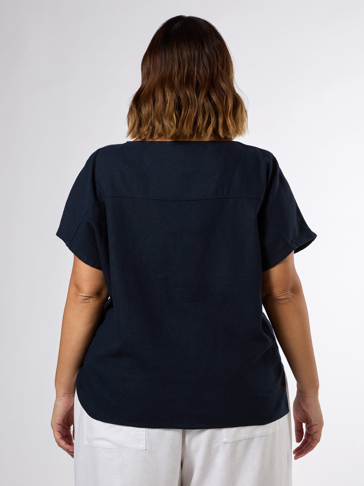Navy Linen Blend Seamed Detail Top