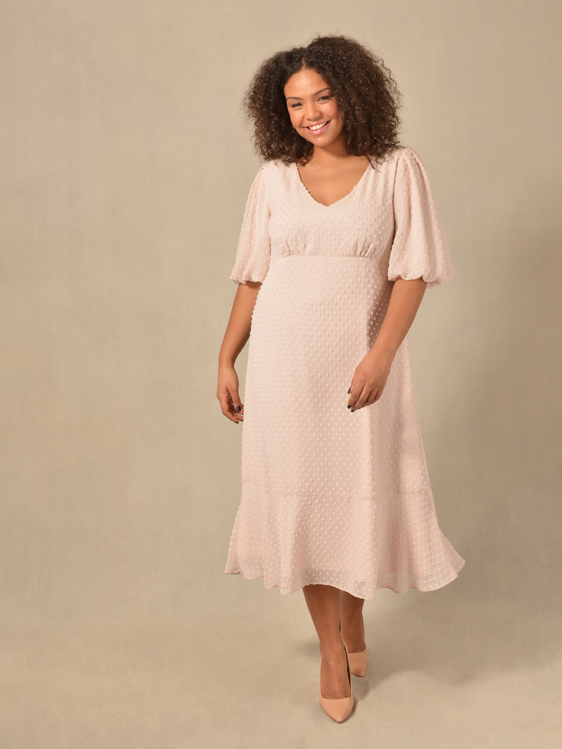 Pink Dobby Texture Short Sleeve Midi Dress