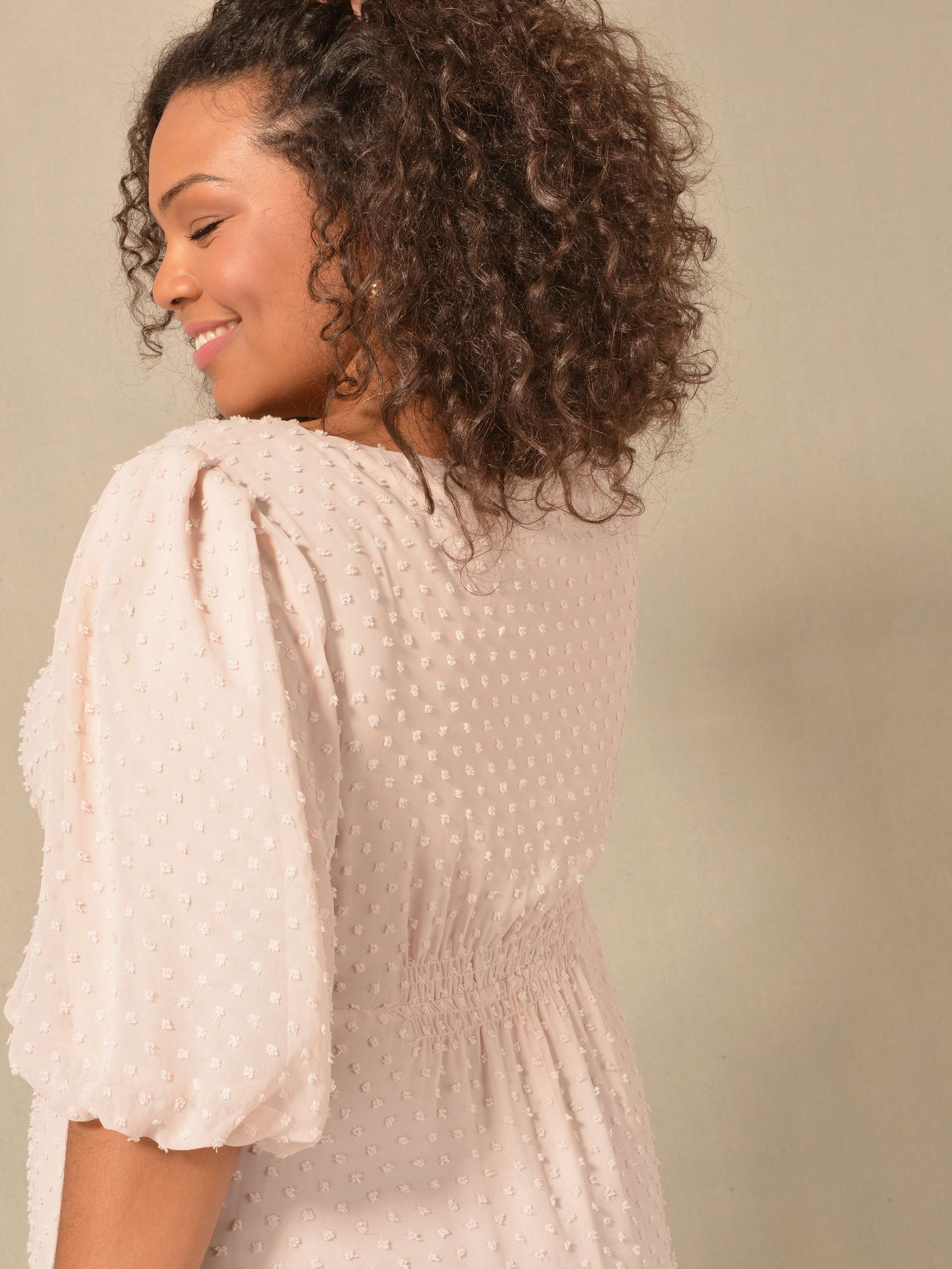 Pink Dobby Texture Short Sleeve Midi Dress