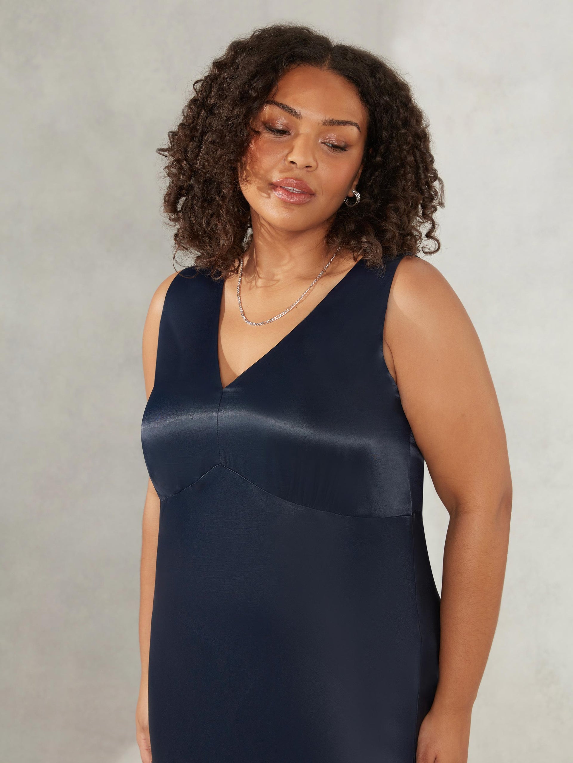 Navy Satin Bias Cut Empire Line Midaxi Dress