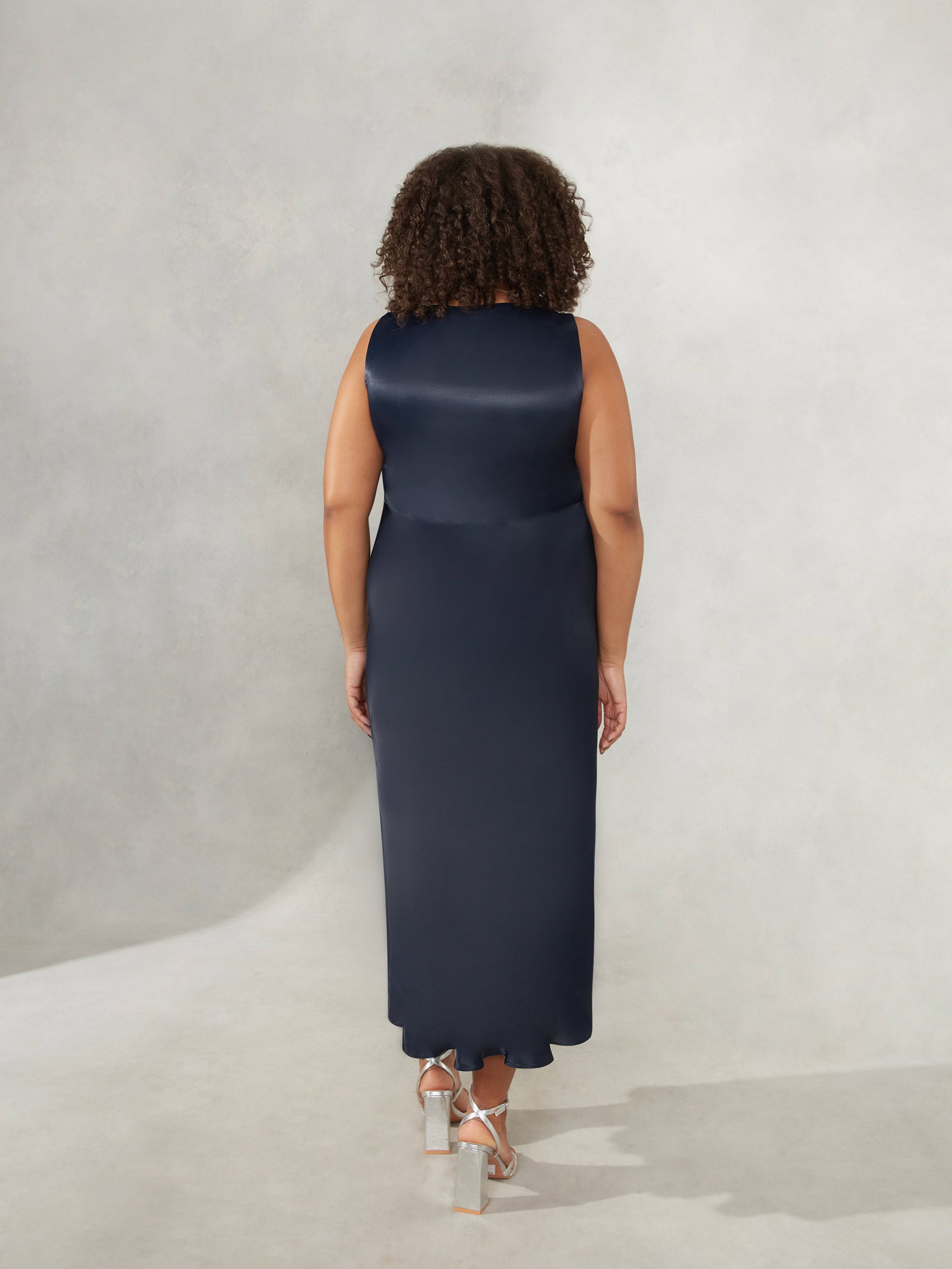 Navy Satin Bias Cut Empire Line Midaxi Dress
